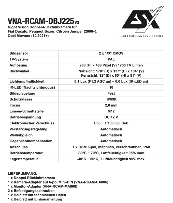 ESX VNA-RCAM-DBJ225V3 Night Vision Doppel Rückfahrkamera für Fiat Ducato, Peugeot Boxer, Citroen ...
